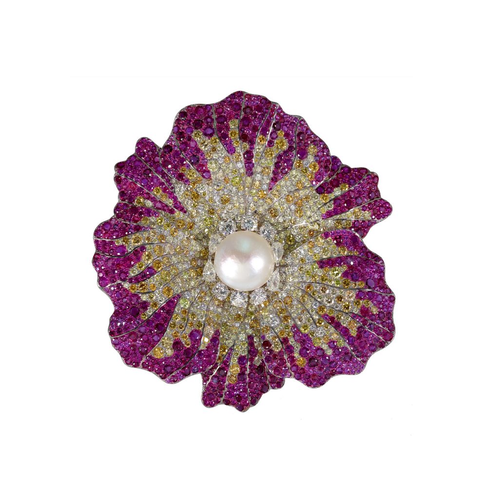 Ruby, Pearl and coloured Diamond Brooch - Moussaieff | Moussaieff